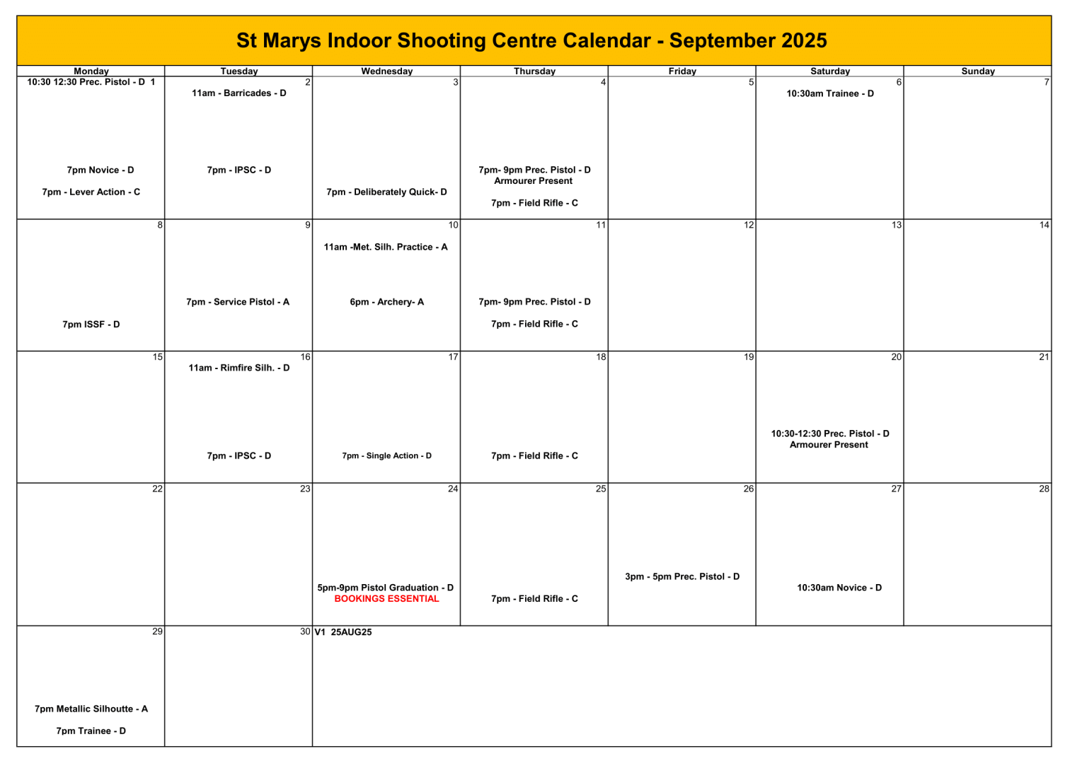 Calendar - St Marys Indoor Shooting