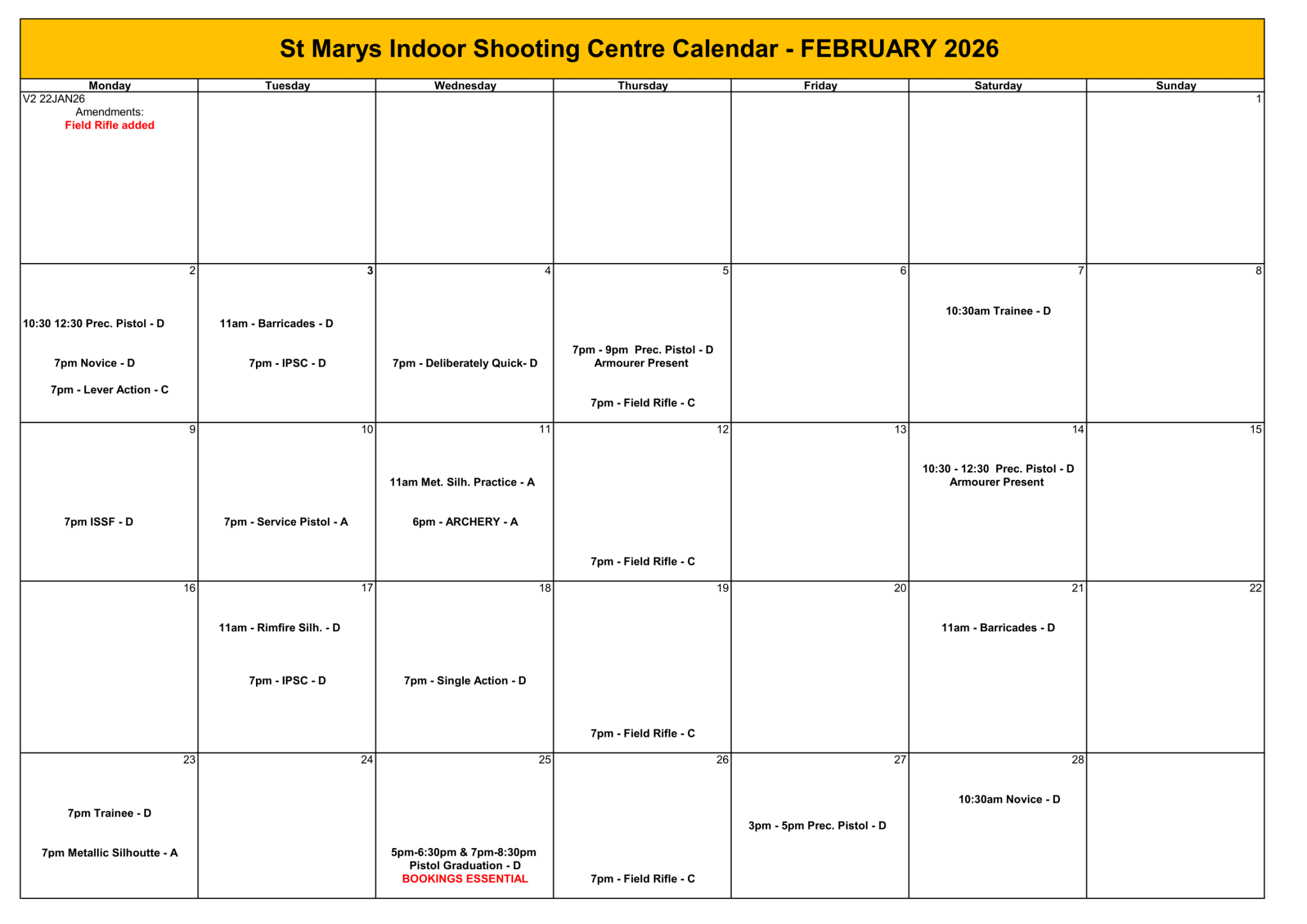 Calendar - St Marys Indoor Shooting