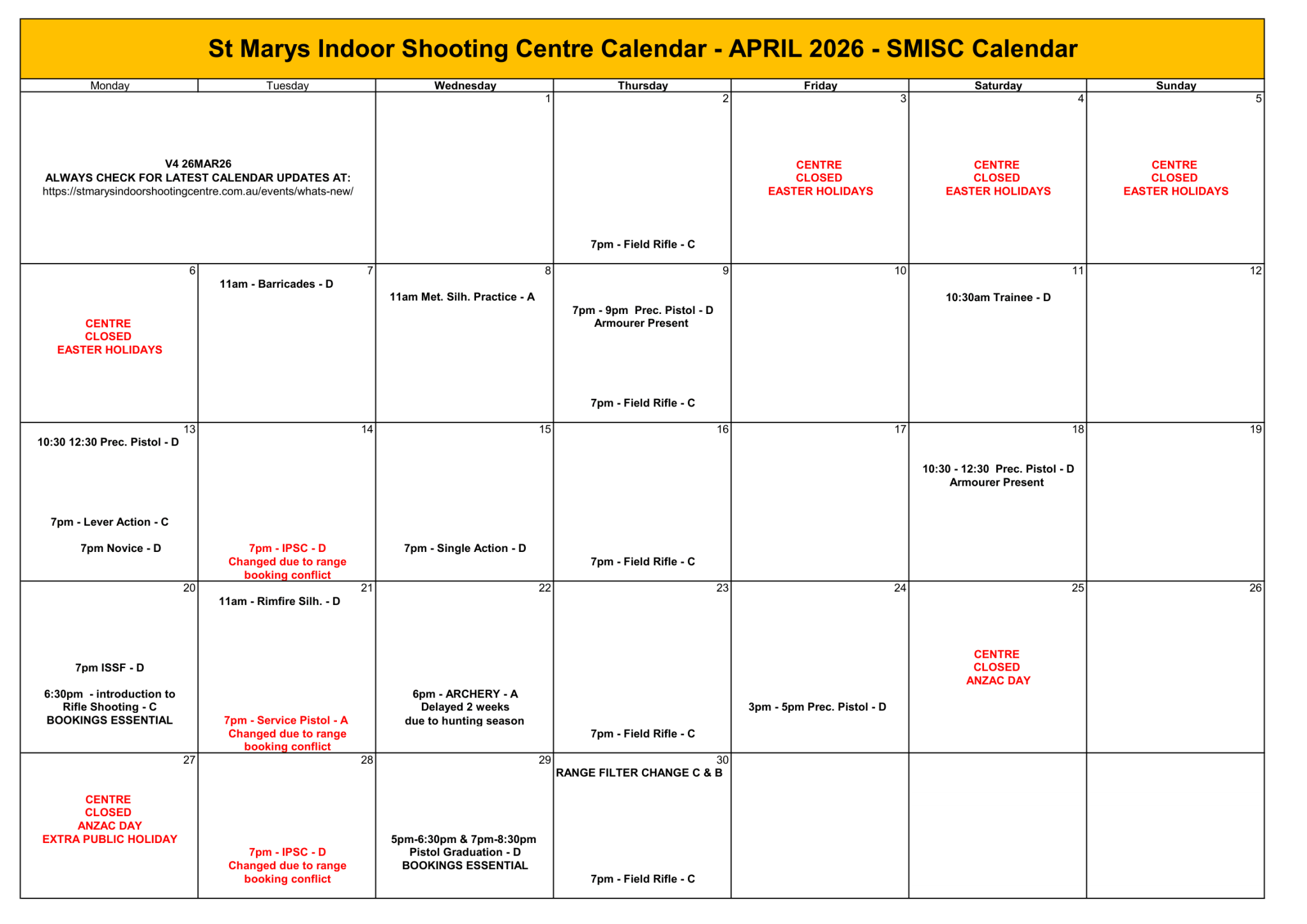 Calendar - St Marys Indoor Shooting